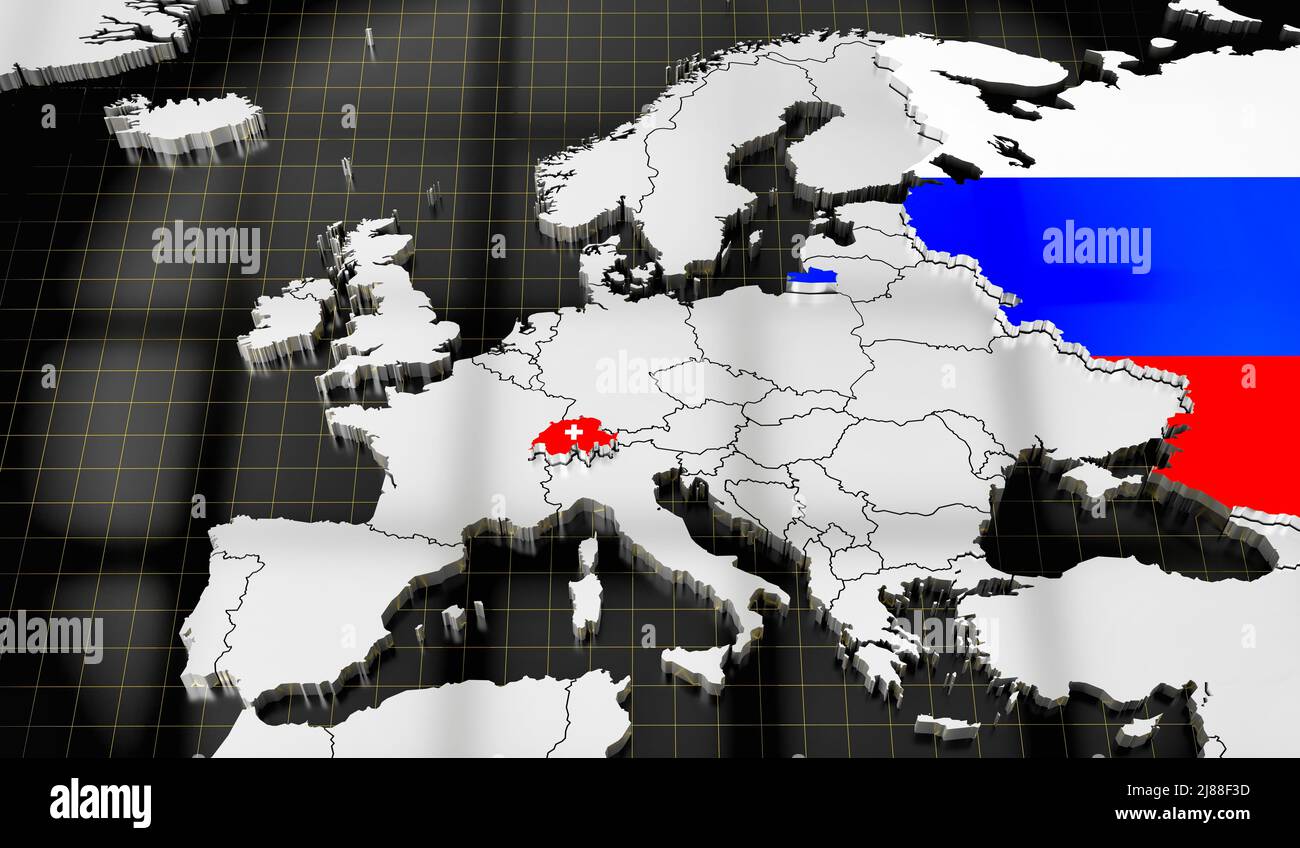 Map of Europe, flags of Switzerland and Russia - 3D illustration Stock ...