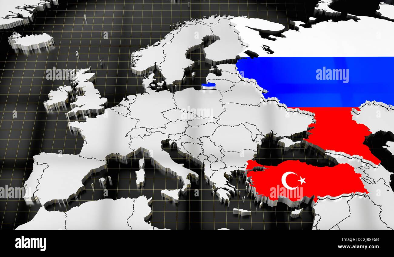Map of Europe, flags of Turkey and Russia - 3D illustration Stock Photo ...