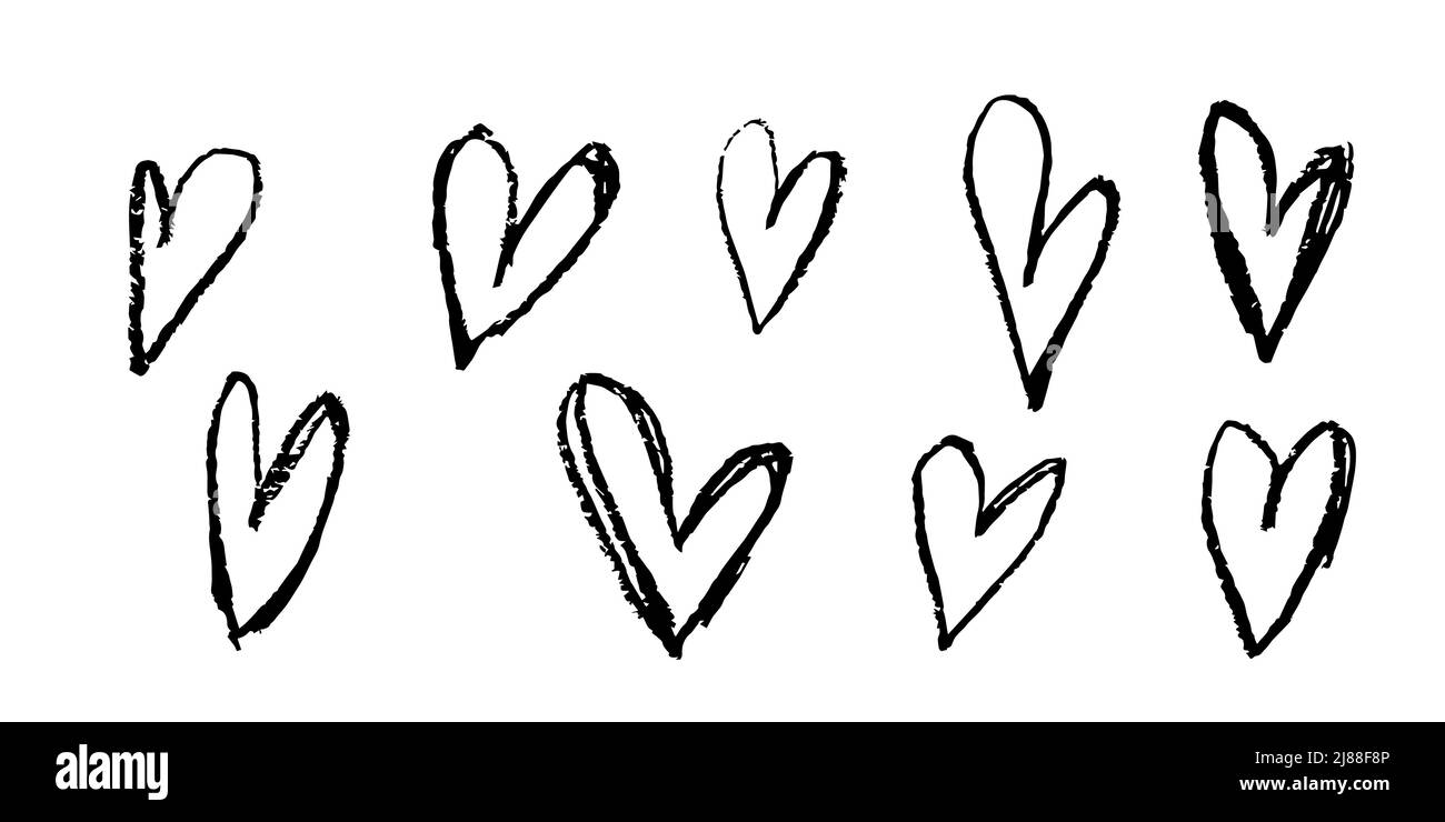 Set of unique hand drawn hearts. Black pencil drawing heart love ...