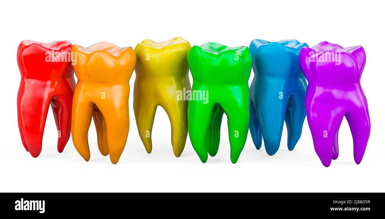 Row of colored teeth, 3D rendering isolated on white background Stock ...