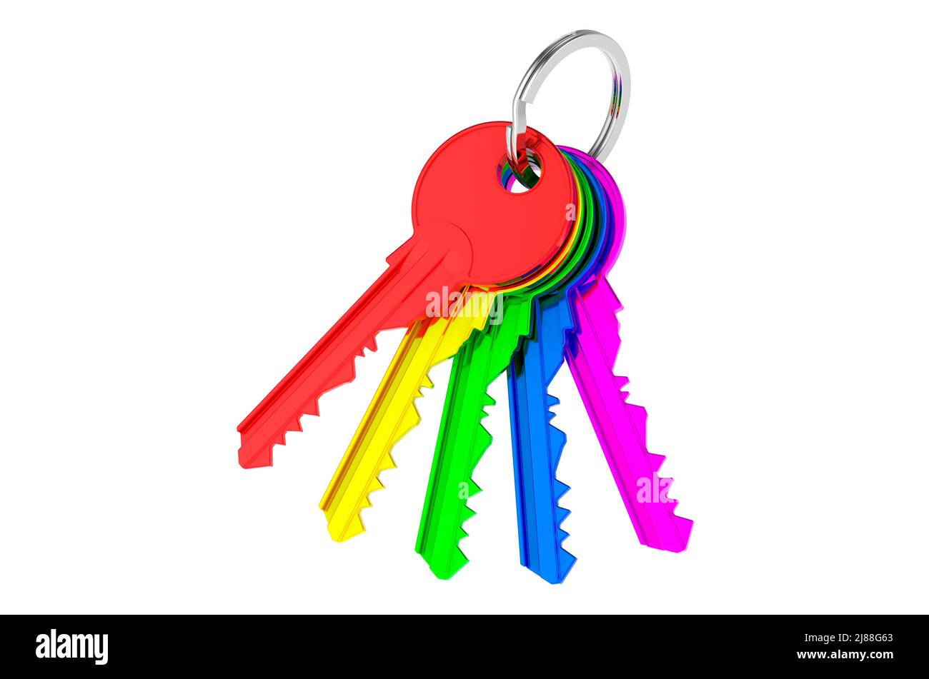 Colored keys on a keyring, 3D rendering isolated on white background ...