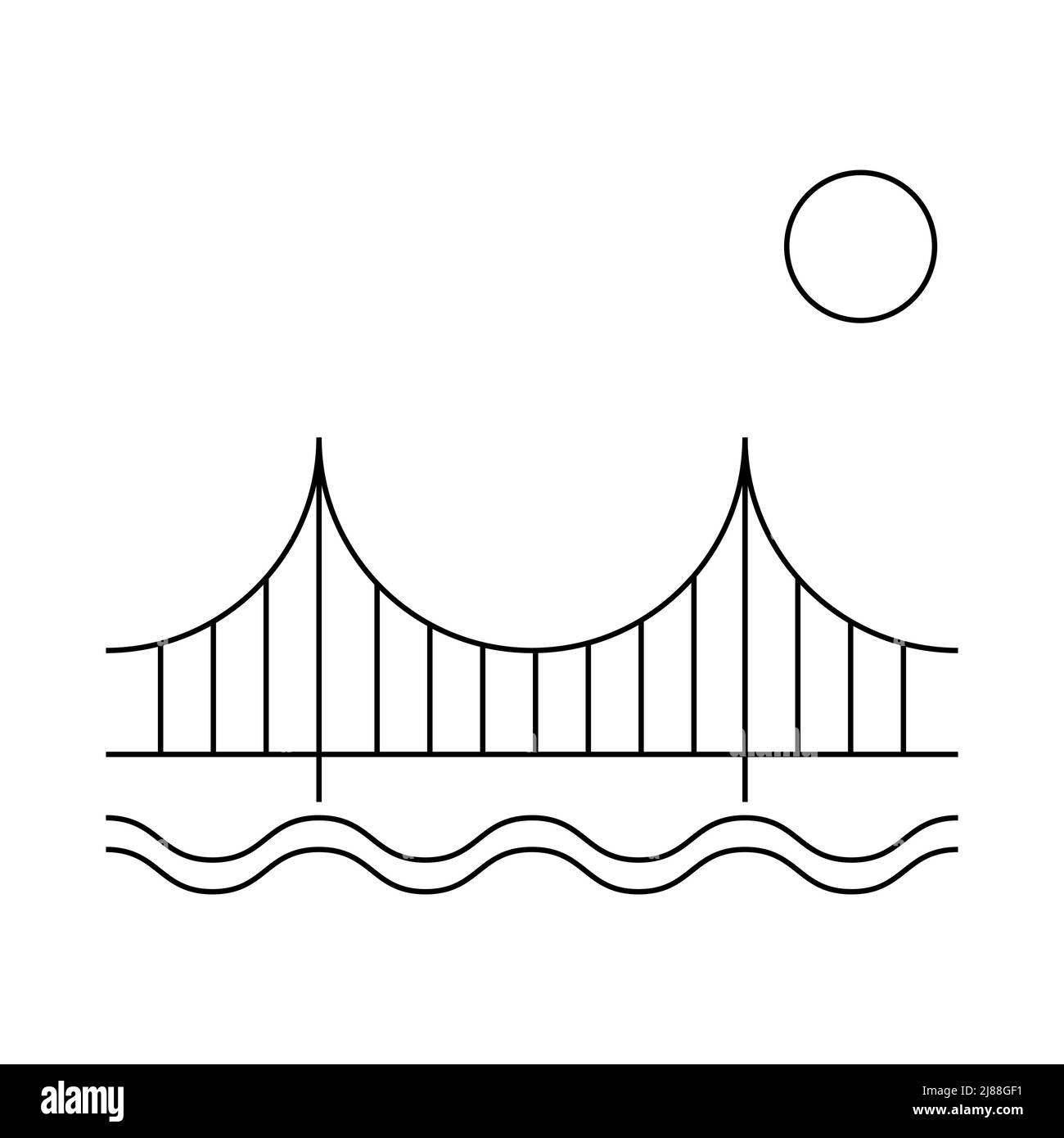 Silhouette bridge icon, urban architecture design, travel line ...