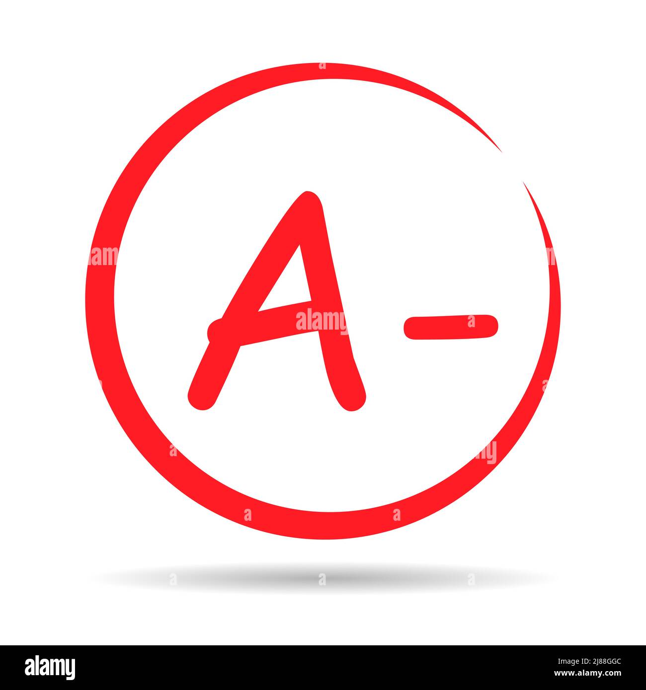 Grade result A minus with shadow. Hand drawn icon in red color. Test ...