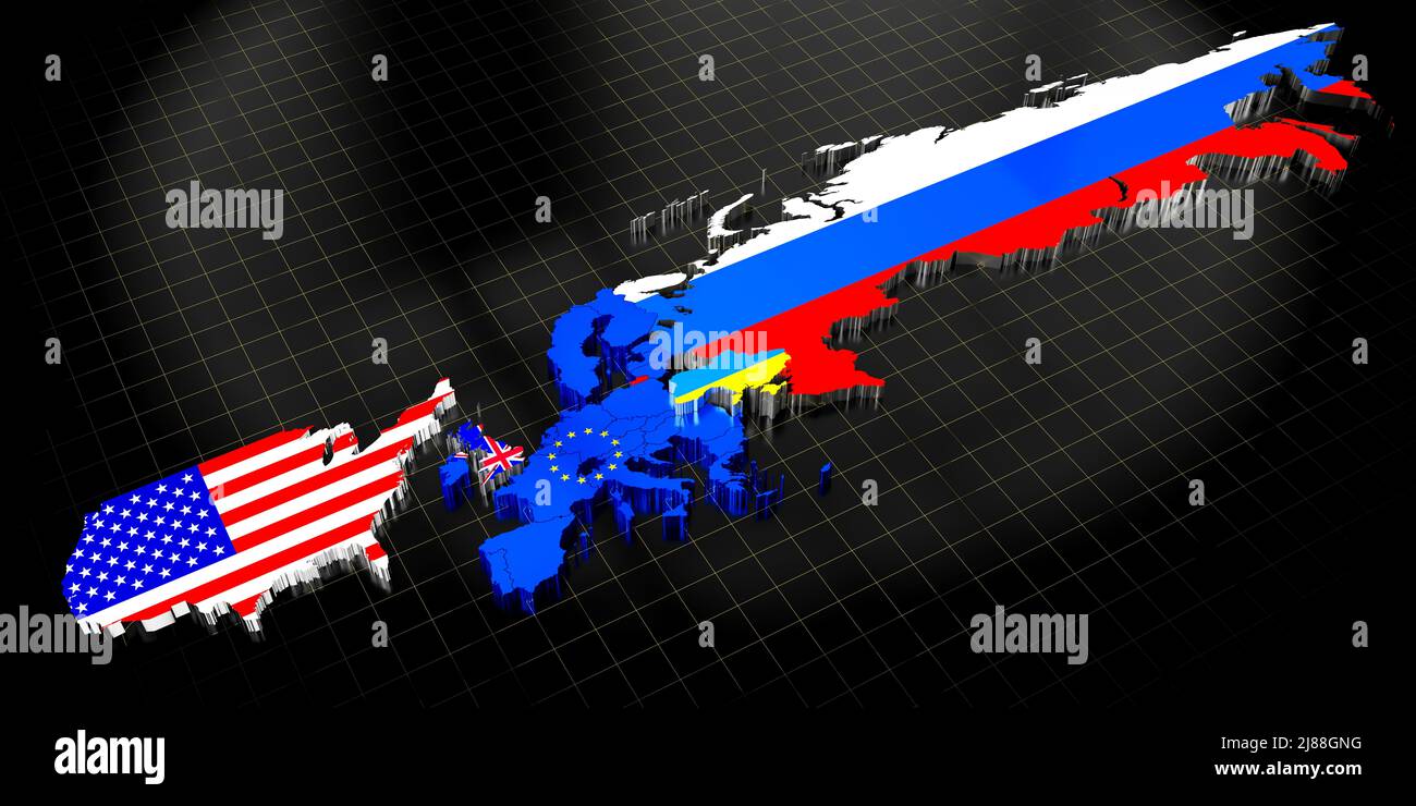 Ukraine, EU, USA, UK and and Russia map and flags - 3D illustration ...