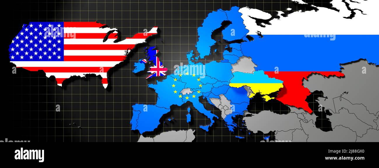 Ukraine, EU, USA, UK and and Russia map and flags - 3D illustration ...
