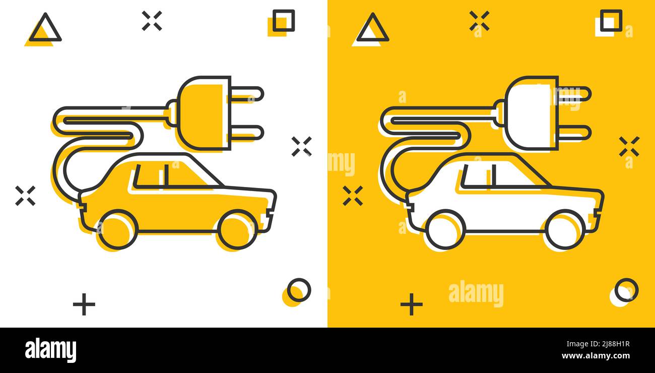 Electric car icon in comic style. Electro auto cartoon vector ...