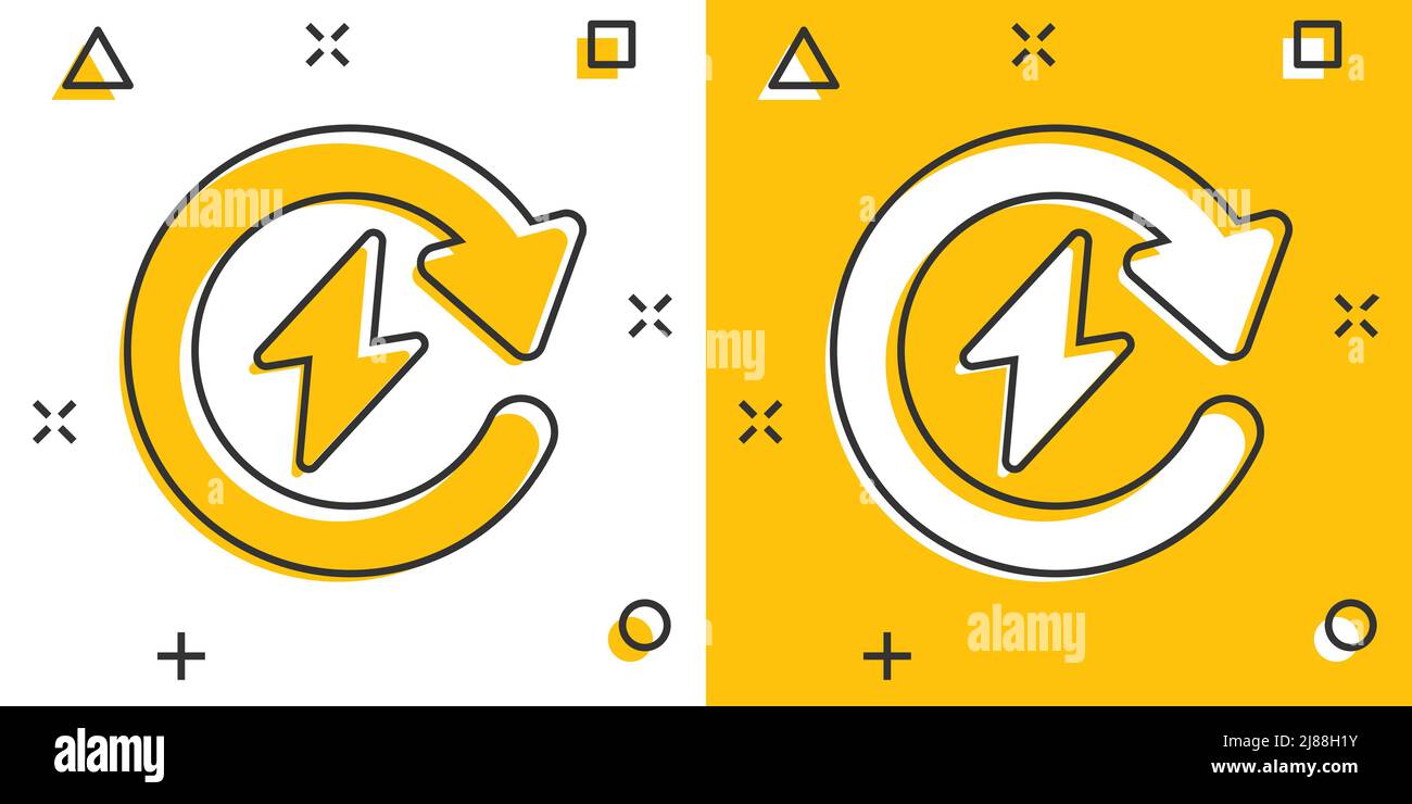 Energy recharge icon in comic style. Voltage and arrow cartoon vector ...