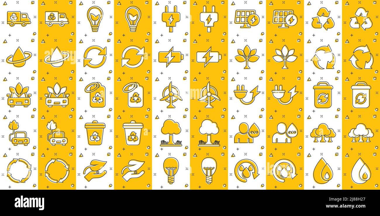 Eco environment icons set in comic style. Ecology cartoon vector ...