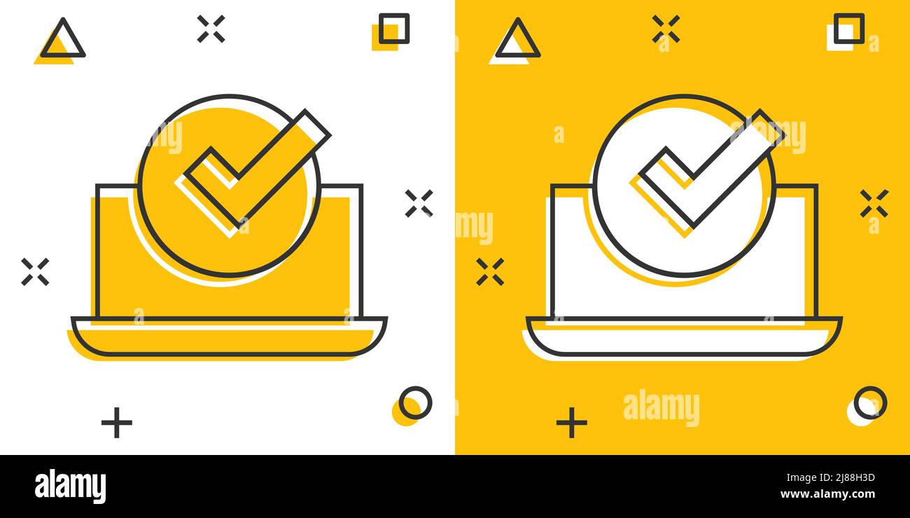 Laptop check mark icon in comic style. Computer approval cartoon vector ...