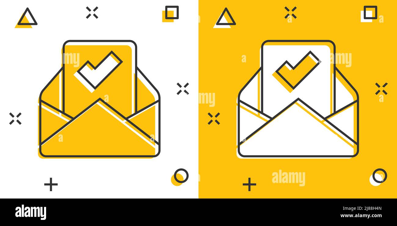 Envelope with confirmed document icon in comic style. Verify cartoon ...