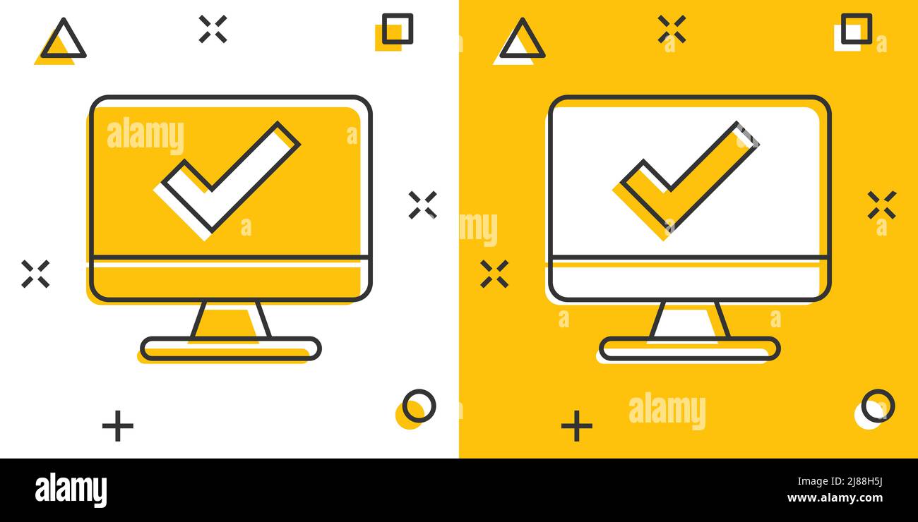 Computer check mark icon in comic style. Survey approval cartoon vector ...