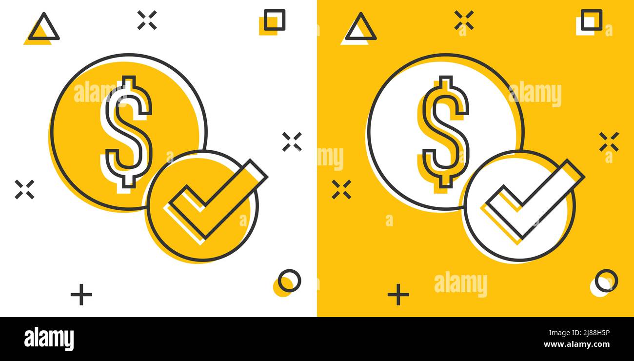 Coin check mark icon in comic style. Money approval cartoon vector ...