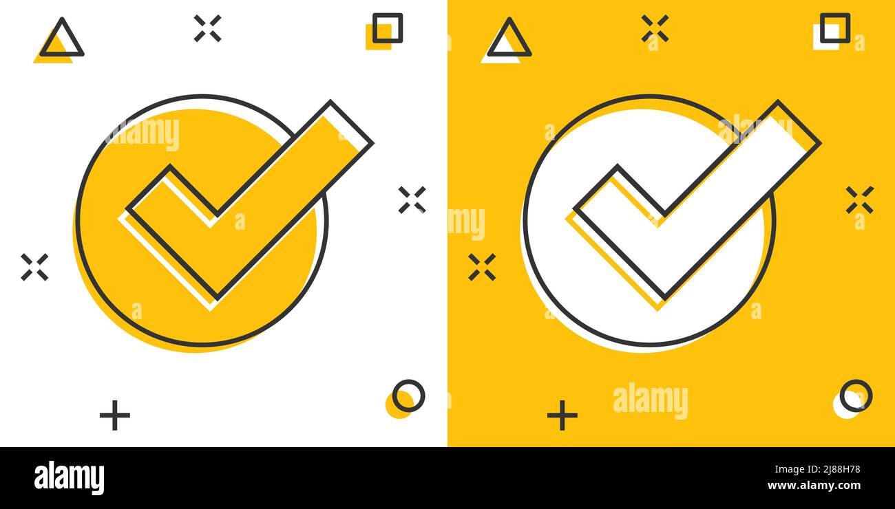 Check mark sign icon in comic style. Confirm button cartoon vector ...