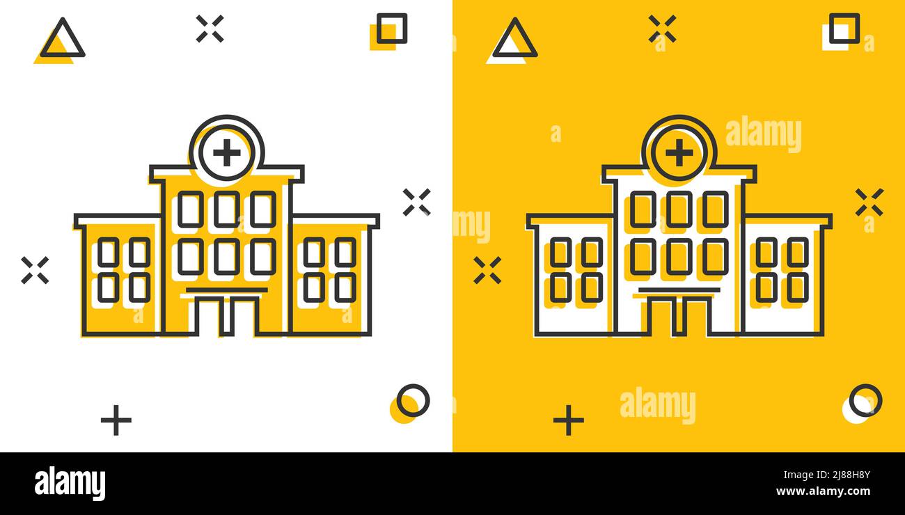 Hospital building icon in comic style. Medical clinic cartoon vector ...