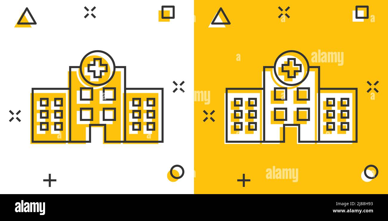 Hospital building icon in comic style. Medical clinic cartoon vector ...