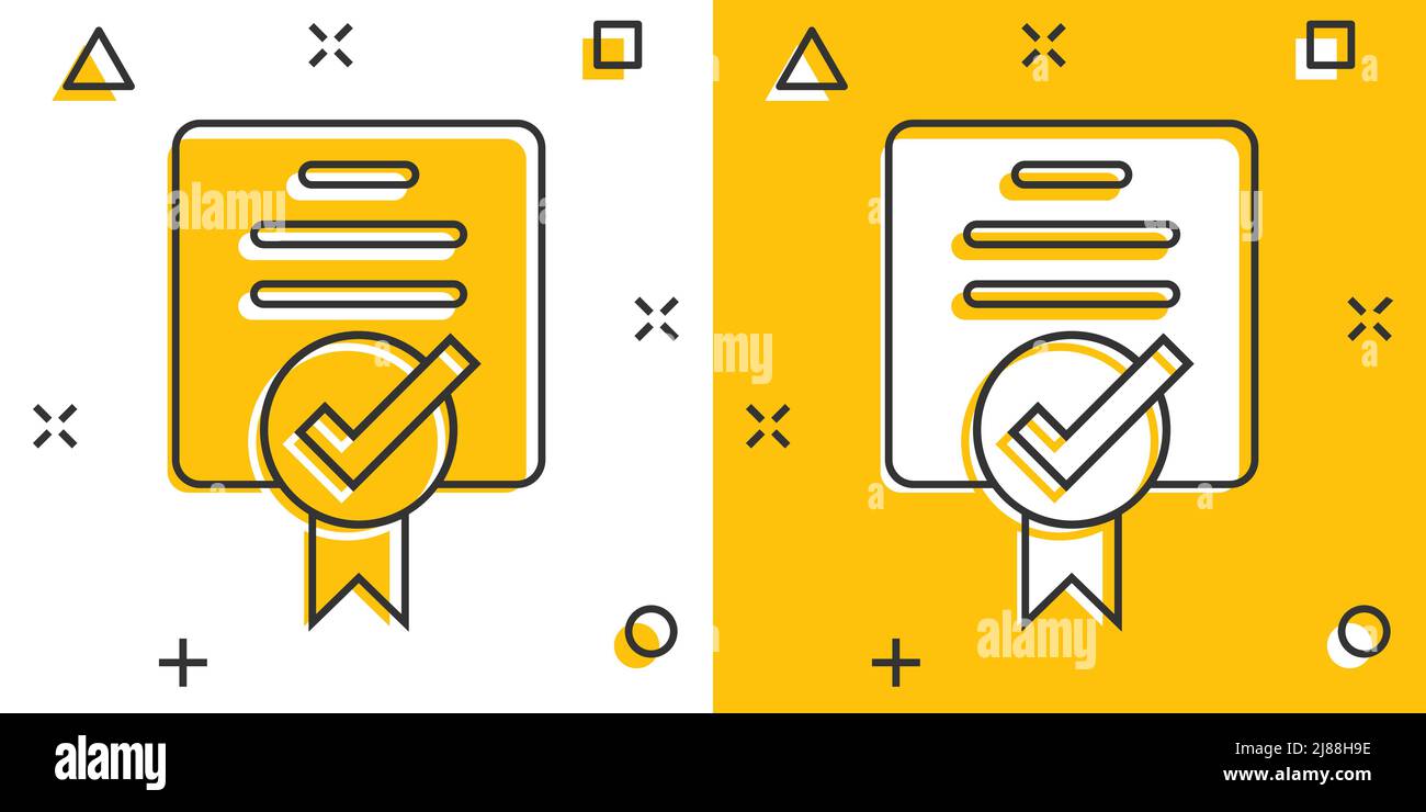 Approve certificate icon in comic style. Document check mark cartoon ...