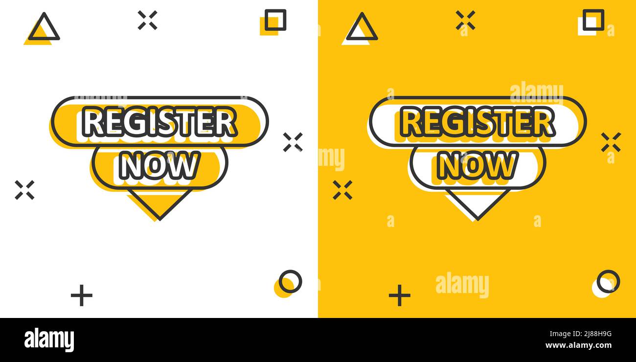 Register now icon in comic style. Registration cartoon vector ...