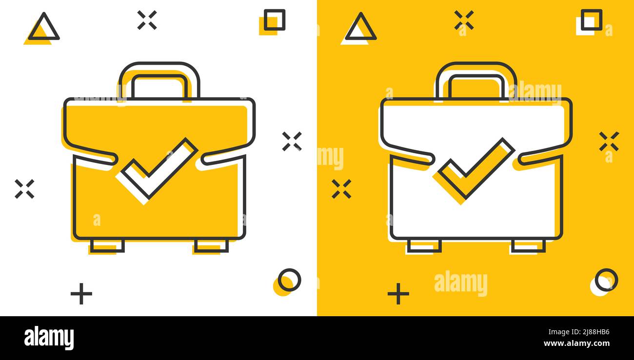 Briefcase accept icon in comic style. Portfolio approval cartoon vector ...
