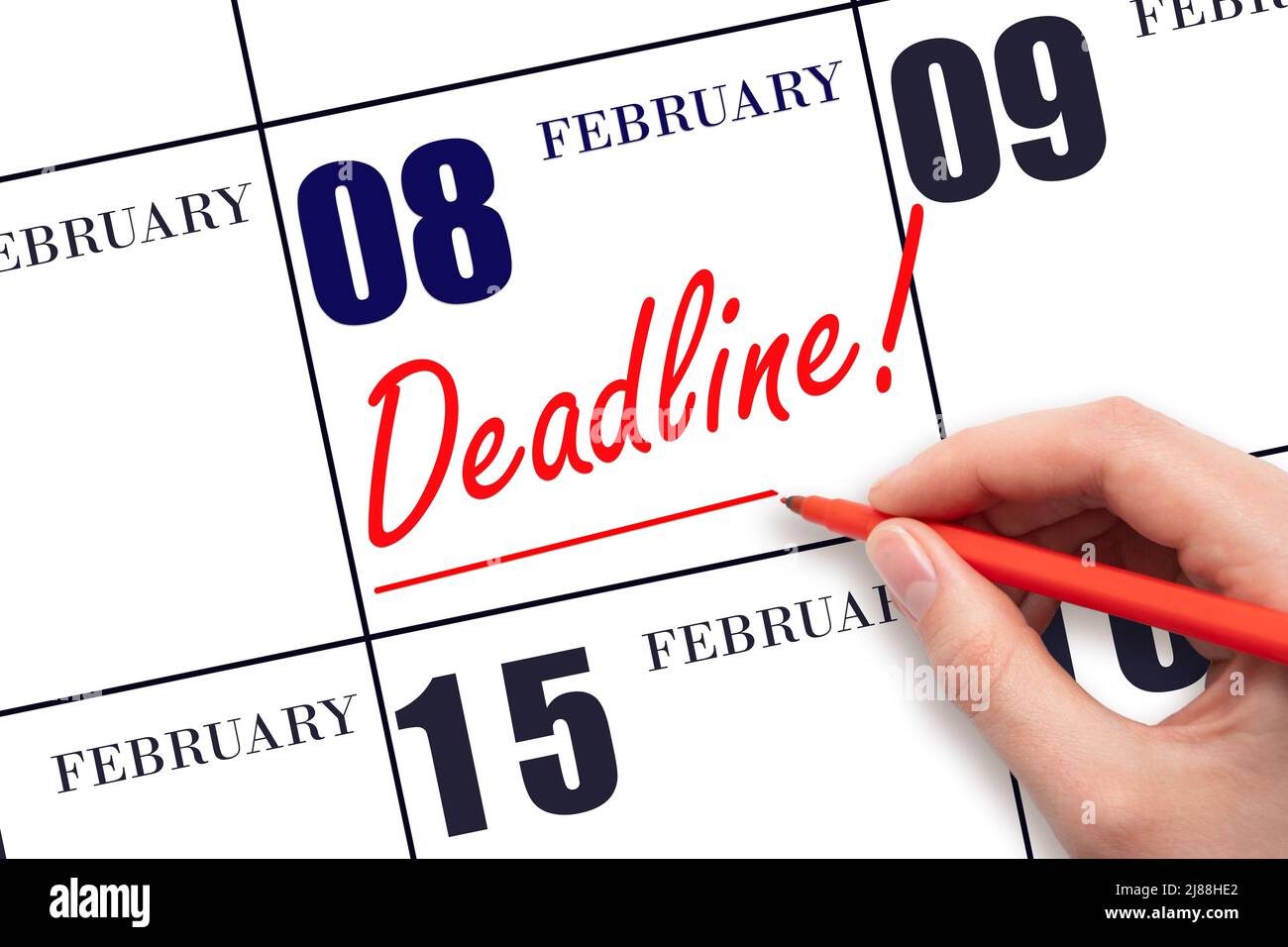 8th day of February. Hand drawing red line and writing the text ...