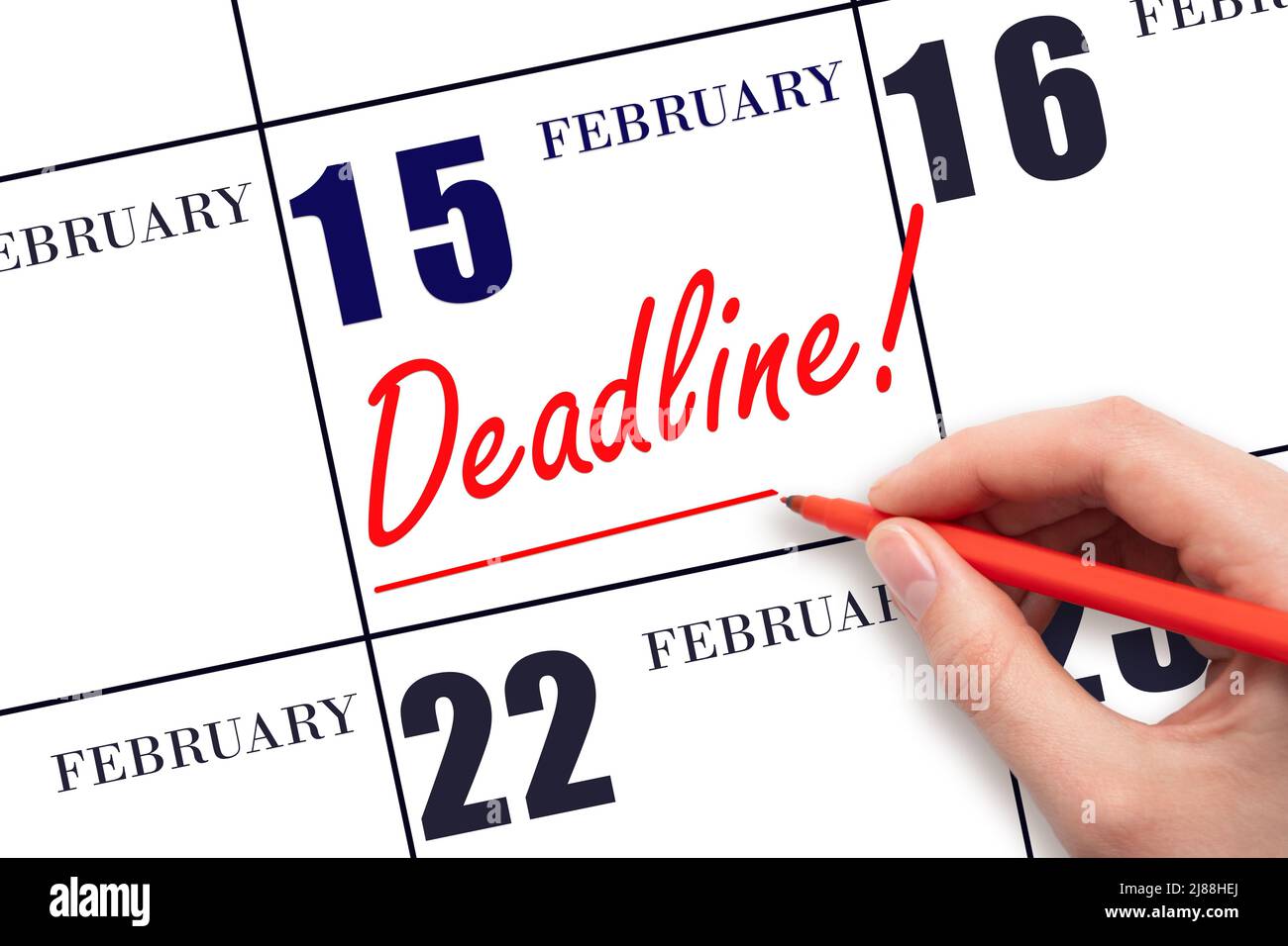 15th day of February. Hand drawing red line and writing the text ...