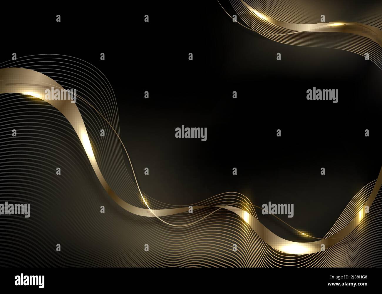 Abstract elegant golden ribbon wave lines on black background luxury ...