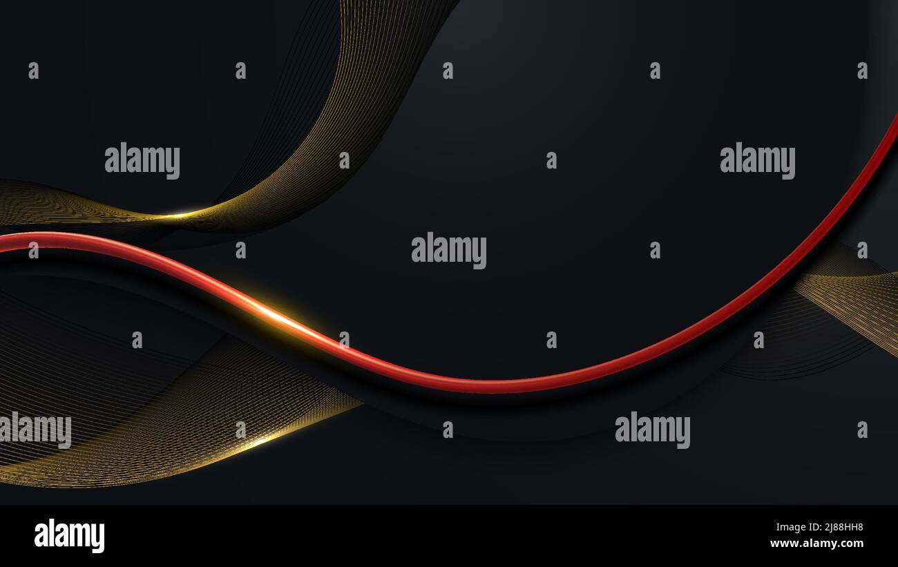 Abstract 3D luxury background black and golden wave lines with light ...