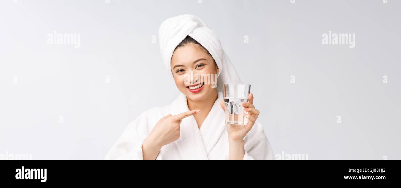 Healthy young beautiful woman drinking water, beauty face natural ...