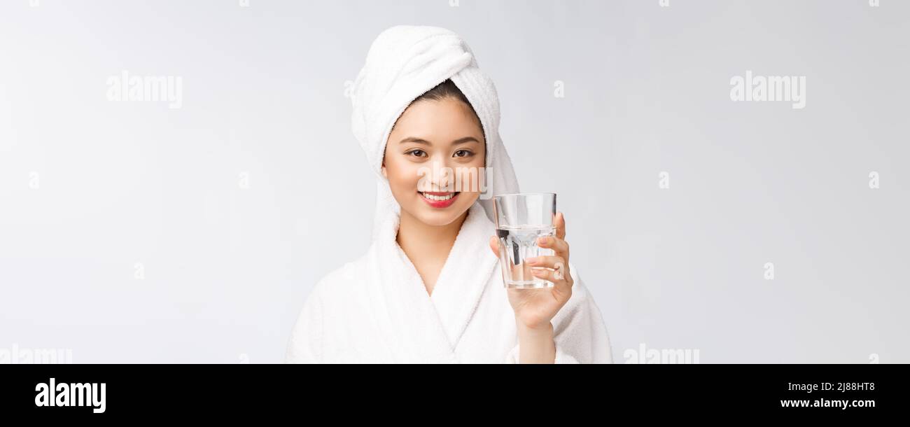 Healthy young beautiful woman drinking water, beauty face natural ...