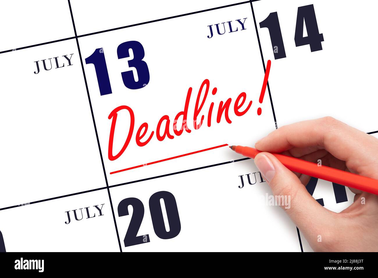 13th day ofJuly. Hand drawing red line and writing the text Deadline on ...