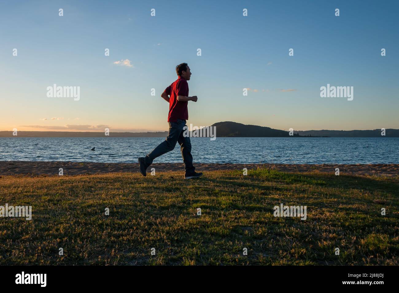 Man running by Lake Rotorua at sunset, Rotorua, New Zealand Stock Photo ...