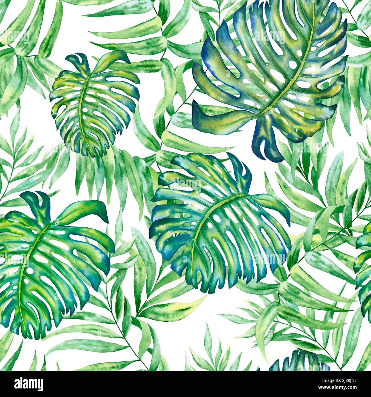 Tropical leaves seamless watercolor pattern. Hand drawn illustration of ...