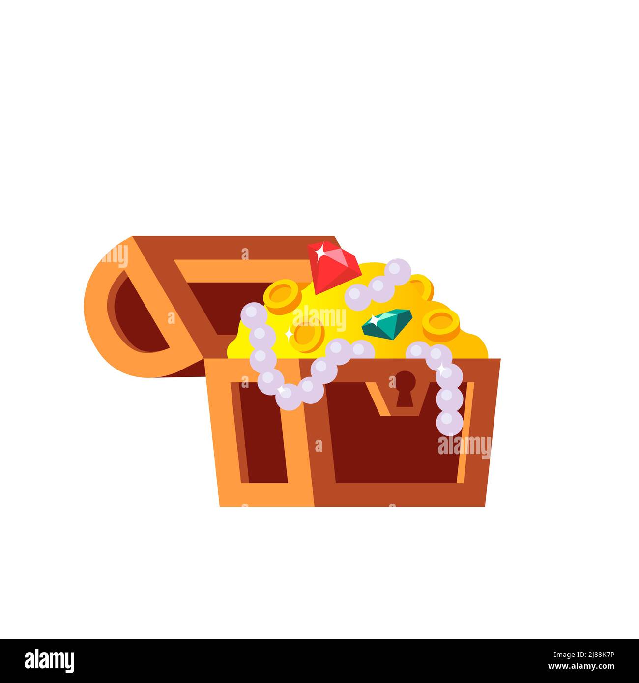Cartoon wooden treasure chest with golden coin, diamonds and pearl ...