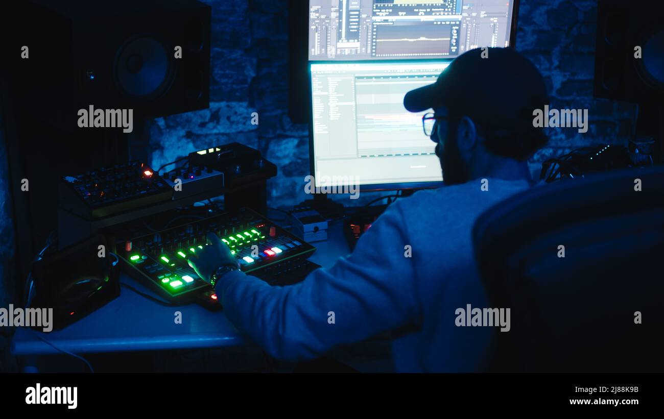 Recording studio of music producer at night Stock Photo - Alamy