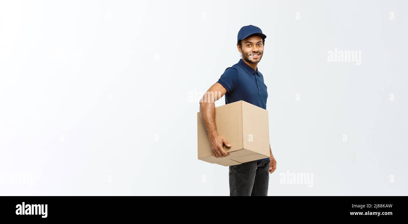 Delivery Concept - Portrait of Happy African American delivery man in ...