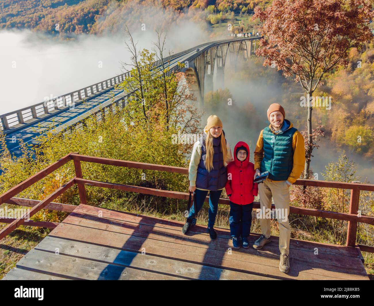 Montenegro. Happy family on the background of Dzhurdzhevich Bridge Over ...