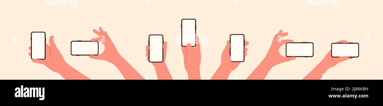 Hand hold the mobile phone in a horizontal and vertical position with ...