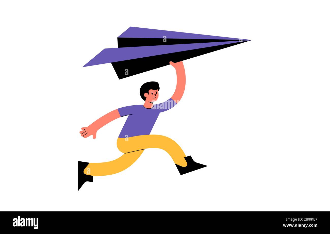 Man run with big paper airplane vector illustration. Concept startup ...