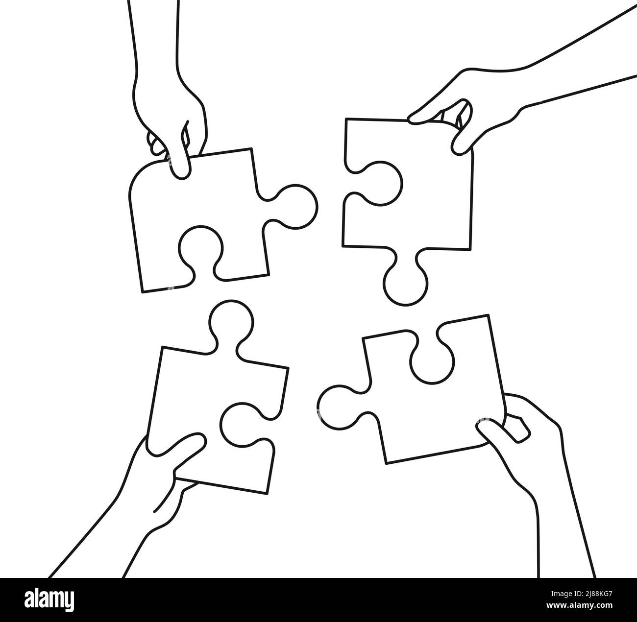 Concept teamwork metaphor with piece of puzzle in hand line style ...