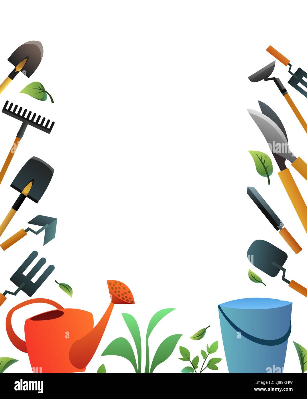 Garden frame. Tools for working in the garden. Shovels rakes and hoes ...