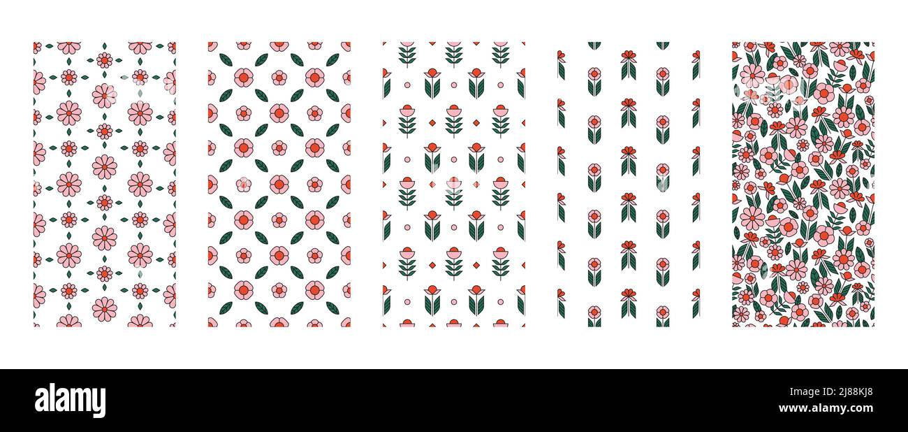 Set of nordic floral seamless pattern with geometric flower elements ...