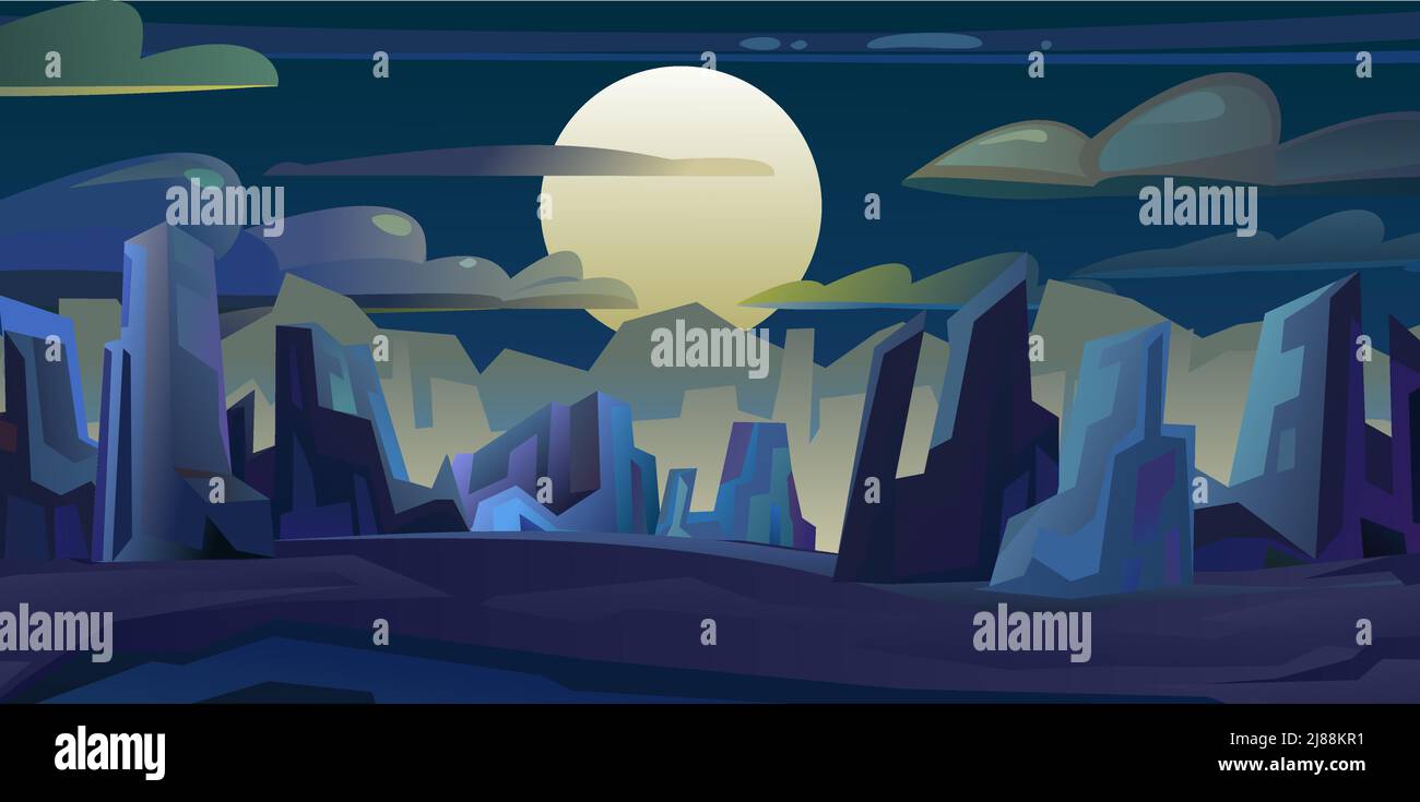 Moonlight and moon. Rocks cliffs landscape. Night scenery in mountains ...