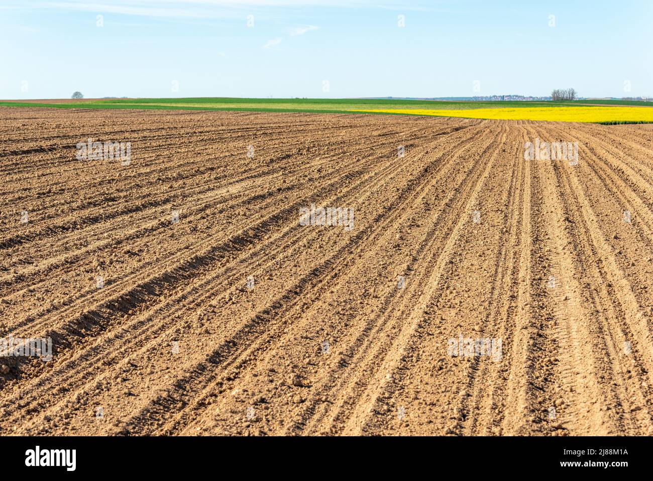 Fields cultivated in early spring in the french countryside Stock Photo ...