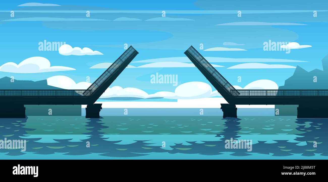 Drawbridge Bridge silhouette disclosed. Country landscape. Marine view ...