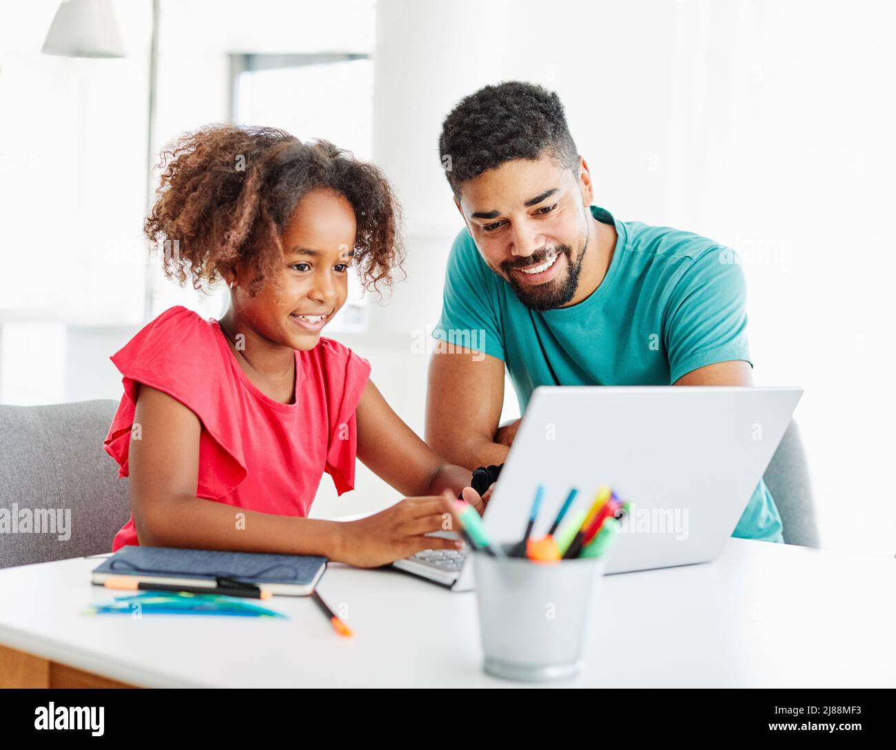 laptop computer education father children daughter girl familiy ...