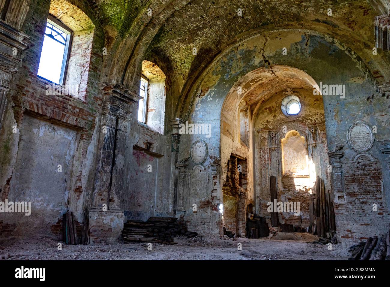 Interior of the ancient destroyed temple. Abandoned building of an ...
