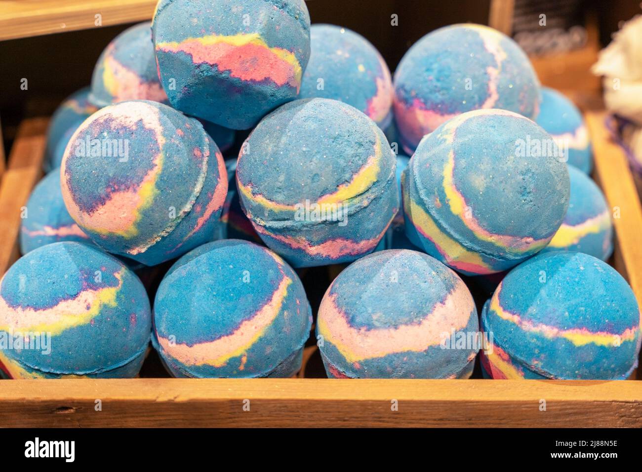 Colorful beautiful handmade Aromatic bath Bombs in a Wooden box Stock ...