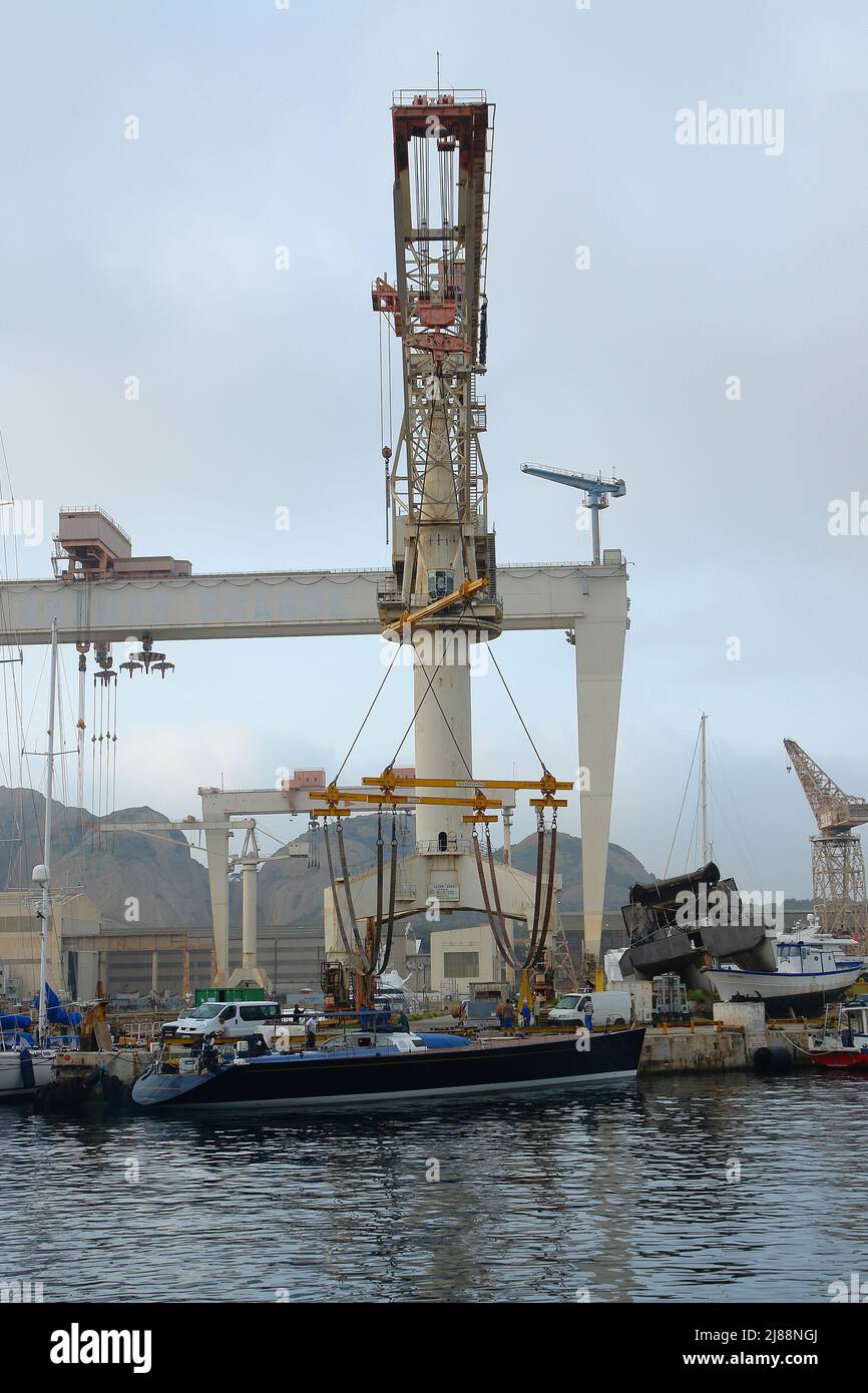 Lifting a yacht at the former shipyards of La Ciotat converted into ...