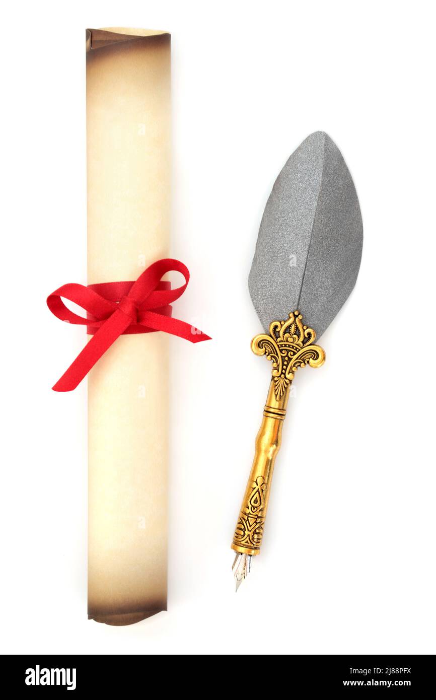 Parchment paper scroll with feather quill pen on white background. Old ...