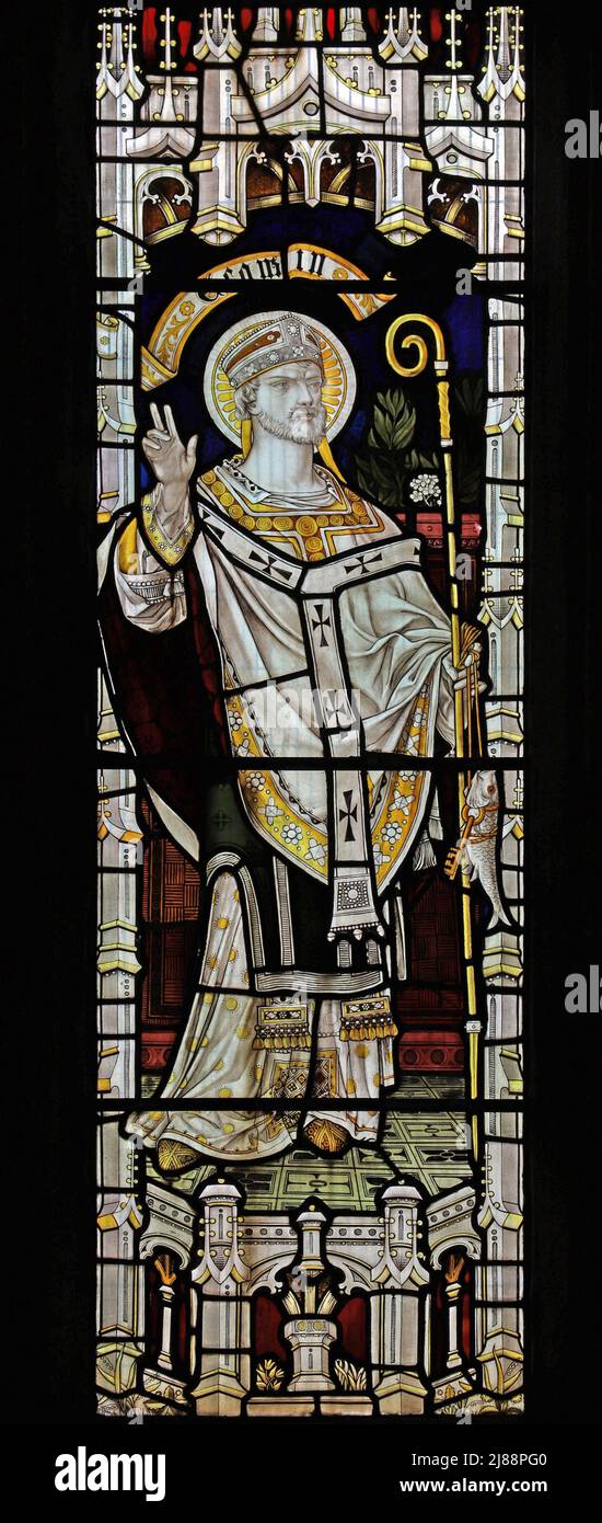 A stained glass window by Powell & Sons depicting St Egwin, All Saints ...