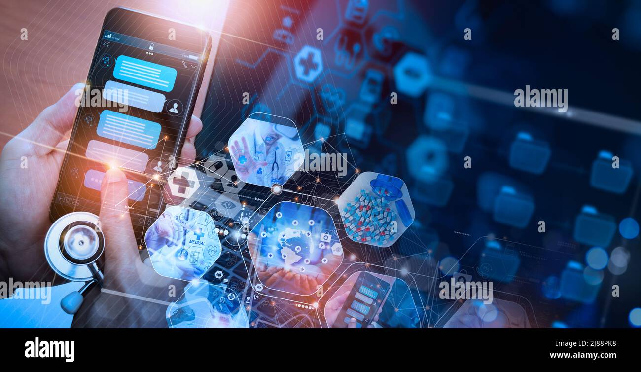 Doctor working chat bot for smart phone digital medical icons medicine ...